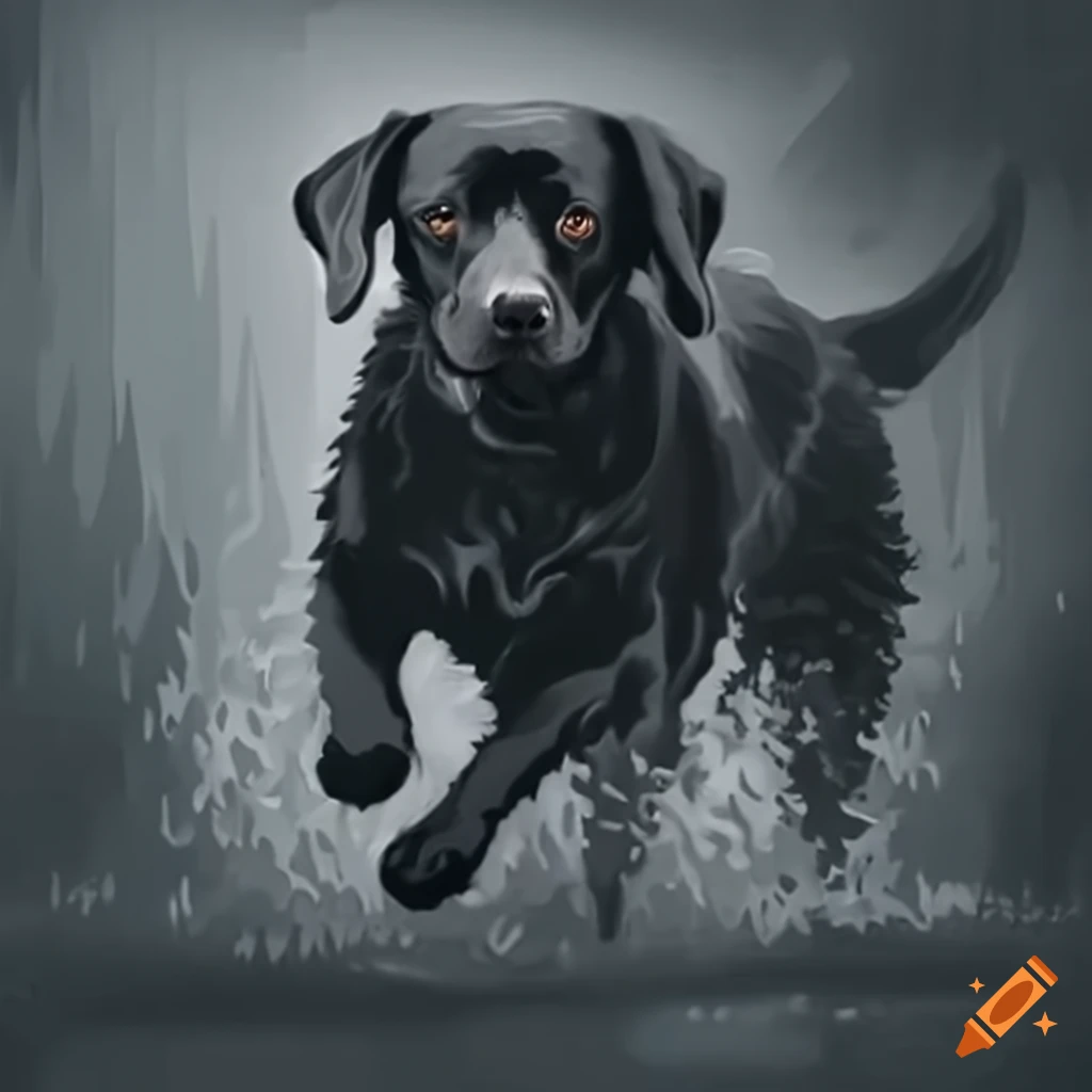 Photo of a black labrador running in the rain