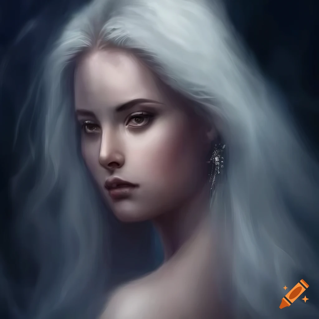 Fantasy portrait of a young woman with silver hair on Craiyon