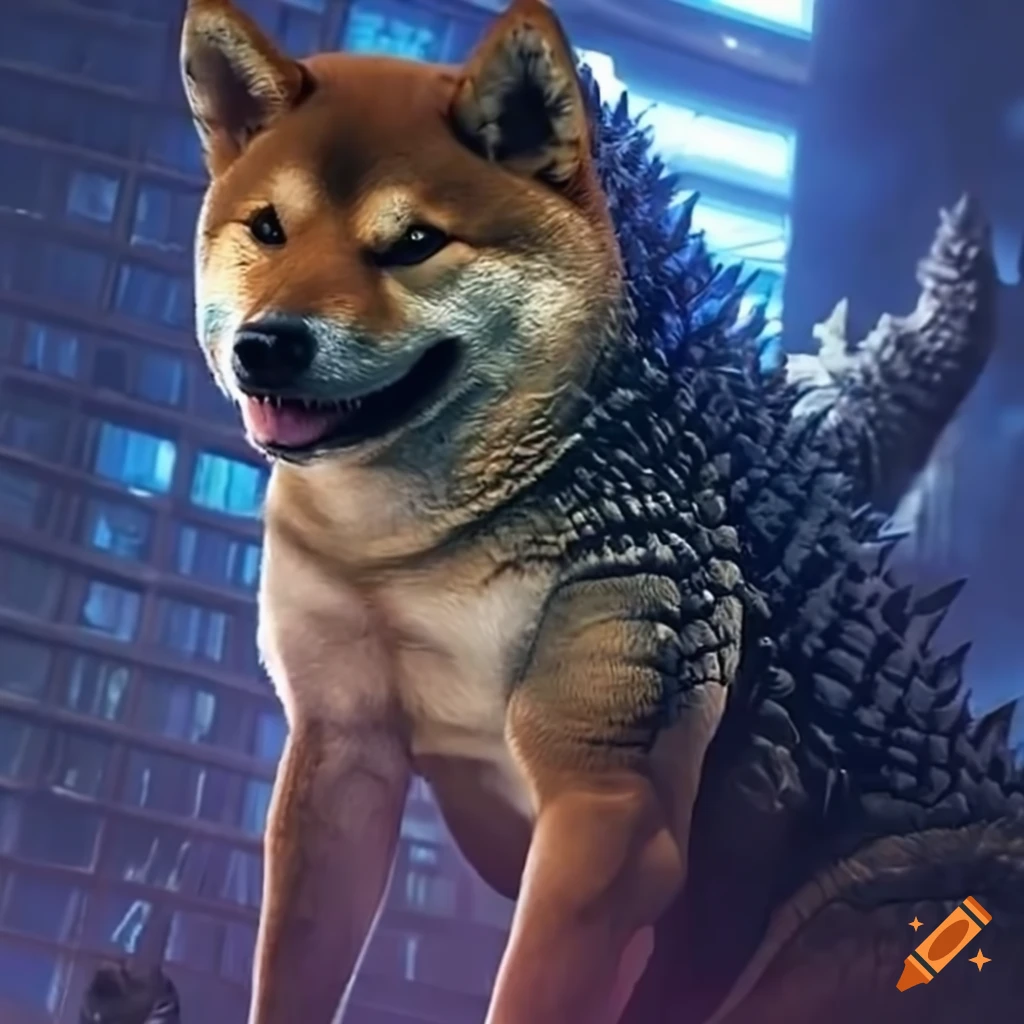 Shiba inu dog with godzilla's head
