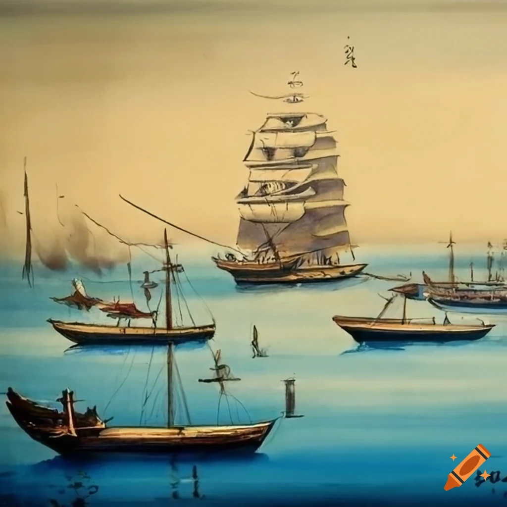 Edo style painting of harbor with ships on Craiyon