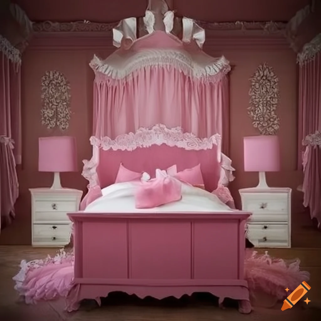 Girly pink bedroom with lace and ruffles