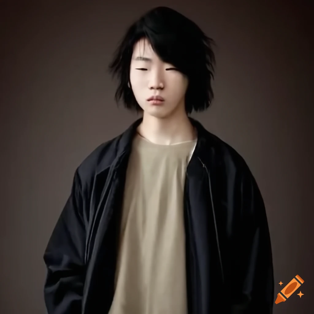 Japanese delinquent man with closed eyes and shoulder length hair
