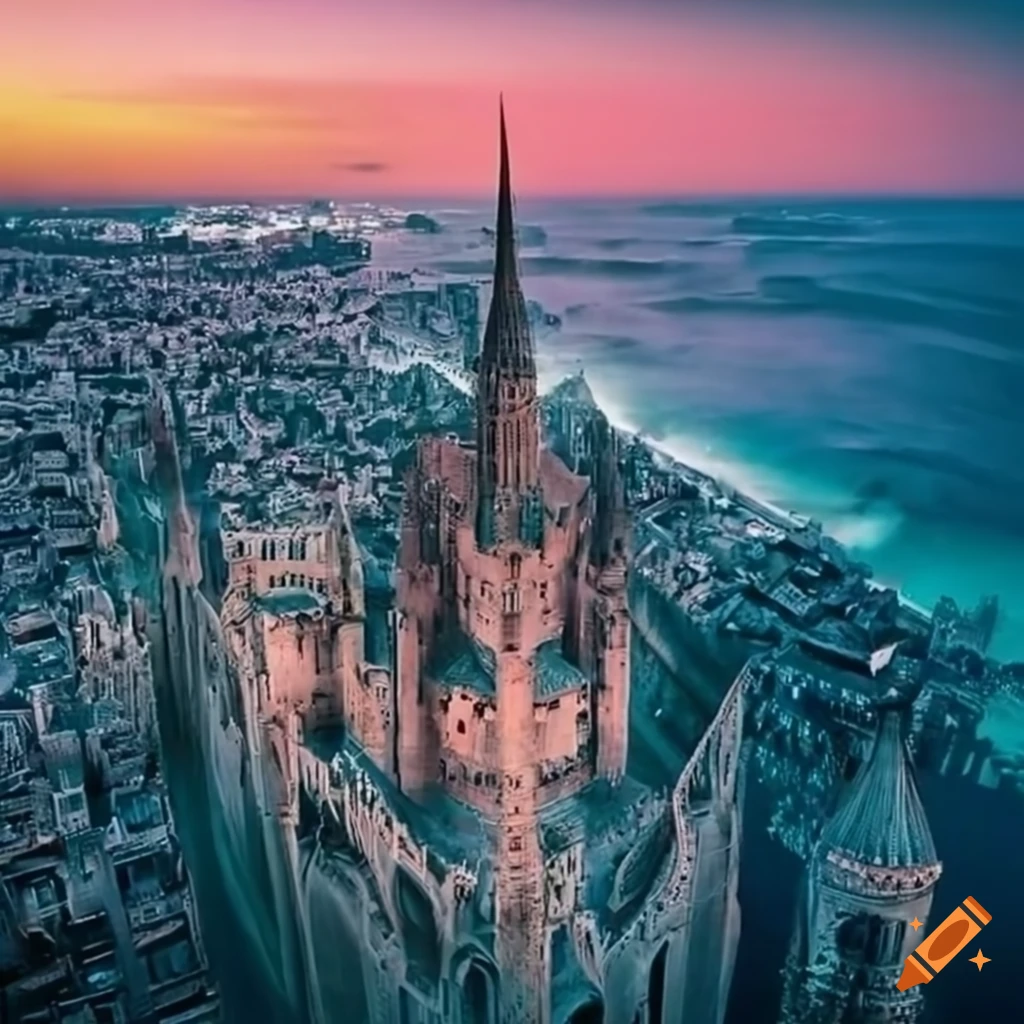 Aerial view of a mythical medieval city on Craiyon