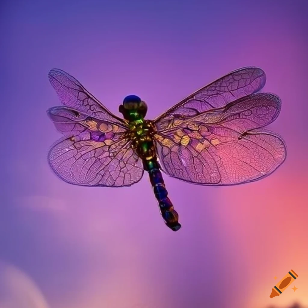 Photo of purple dragonfly wings against a sunset