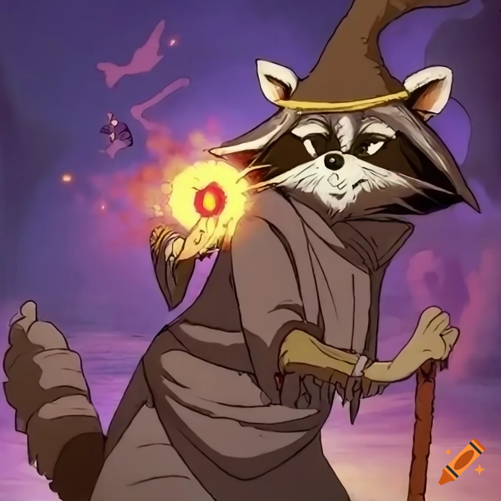 Anime cel-style artwork of a raccoon wizard casting a spell on Craiyon