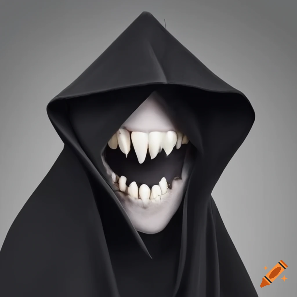 Black pointy hood with white teeth design on Craiyon