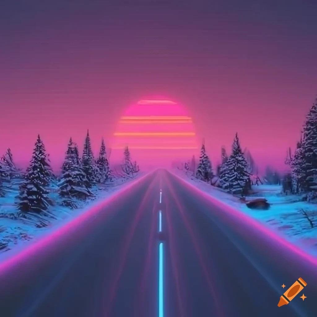 Synthwave neon sunset on a snowy road