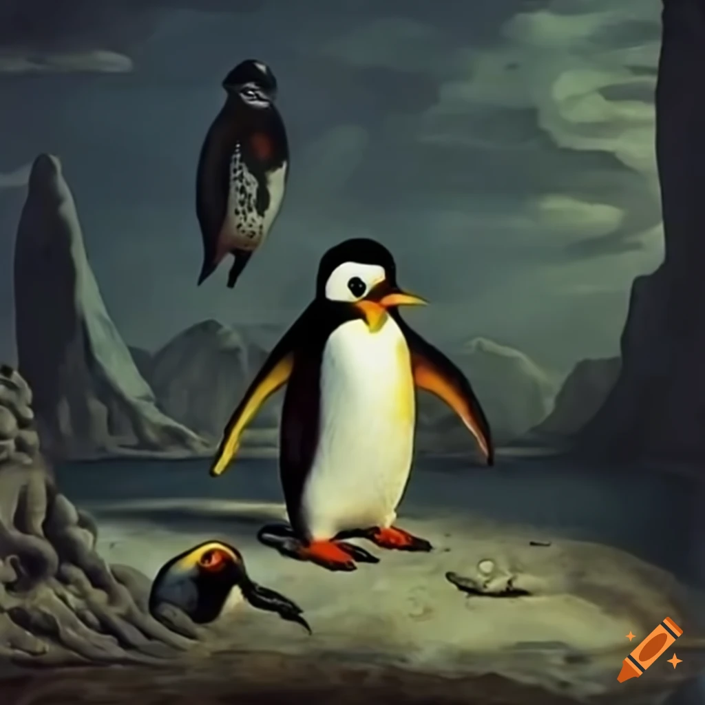 Surreal painting of penguins plotting in a dark place