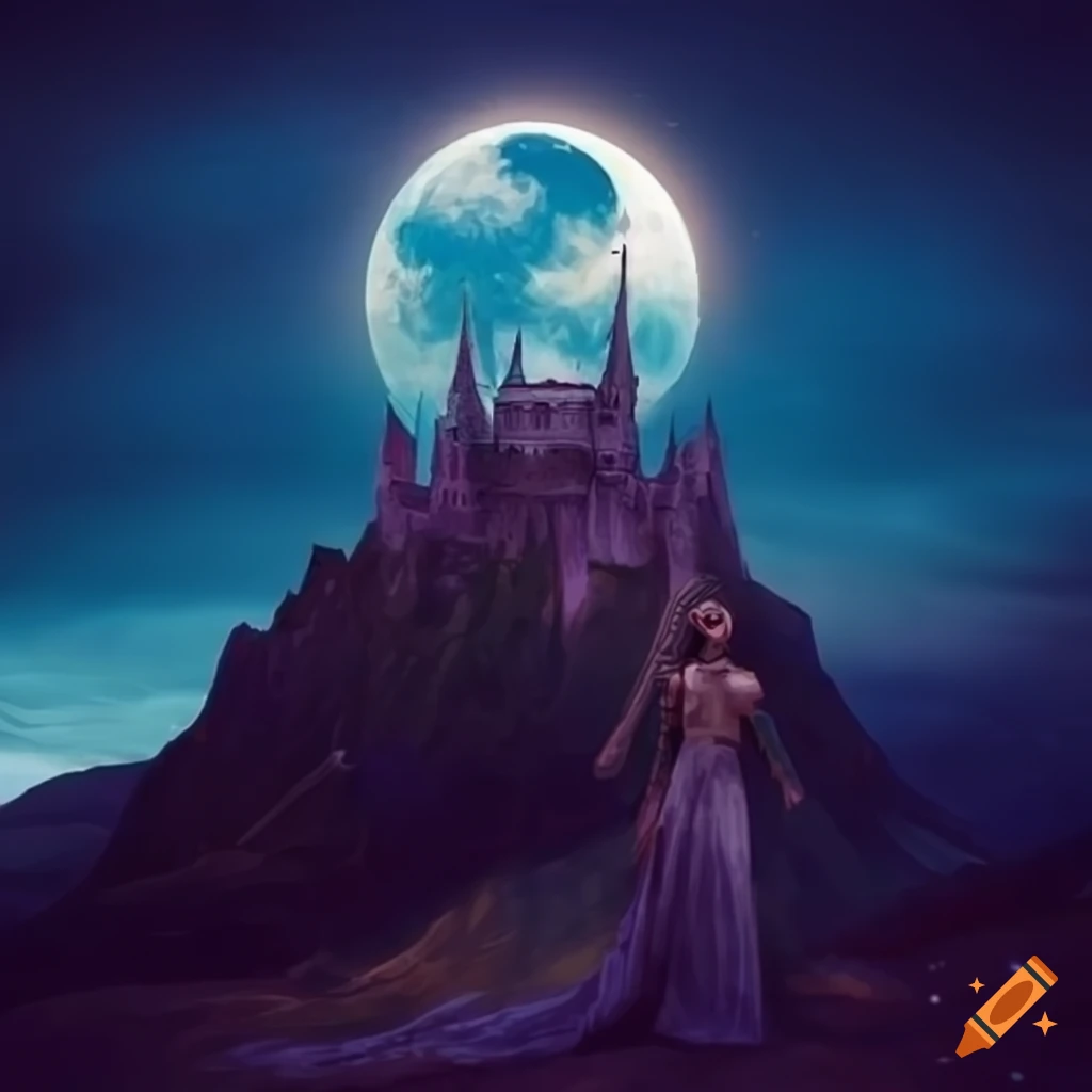Manga style castle on a moonlit mountain