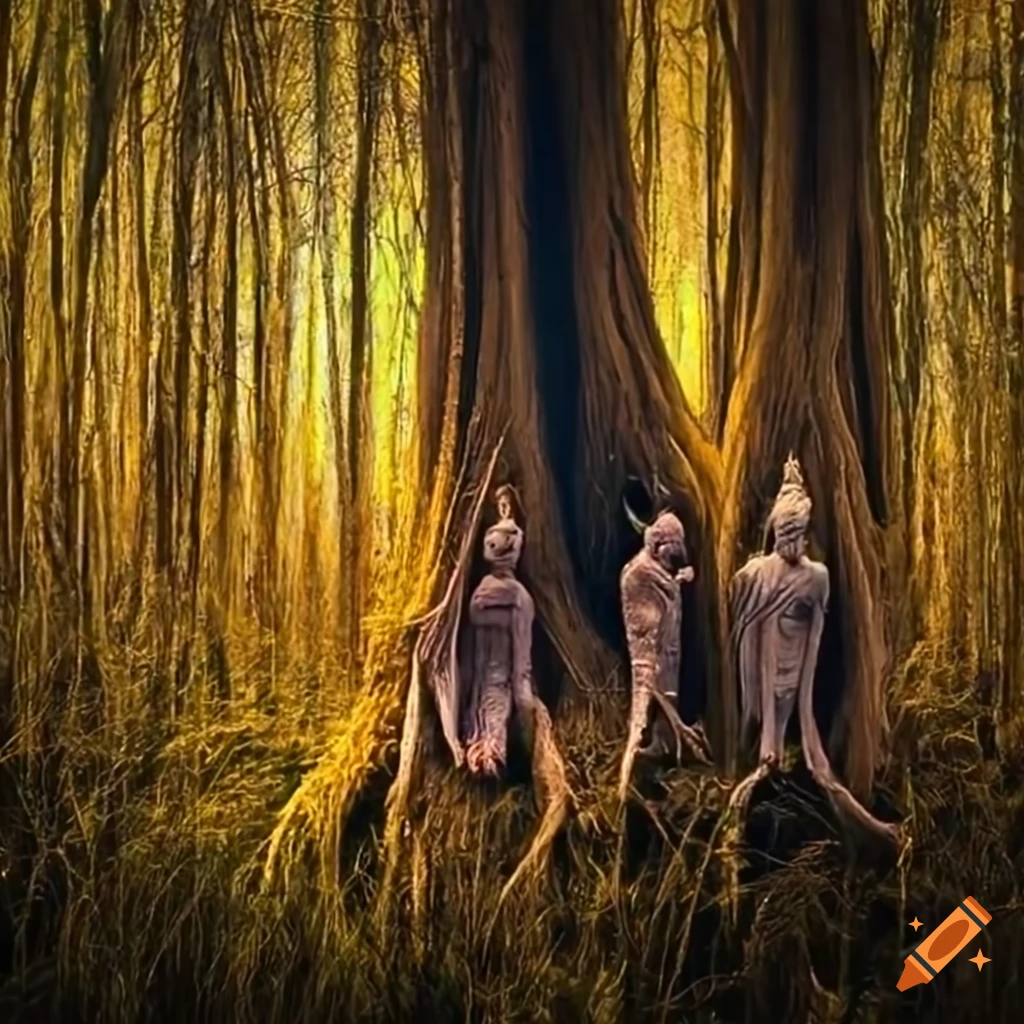 Artwork of humanoid tree figures in a colorful forest