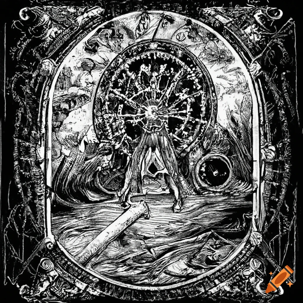 Tarot card depicting the chariot in black and white ink art