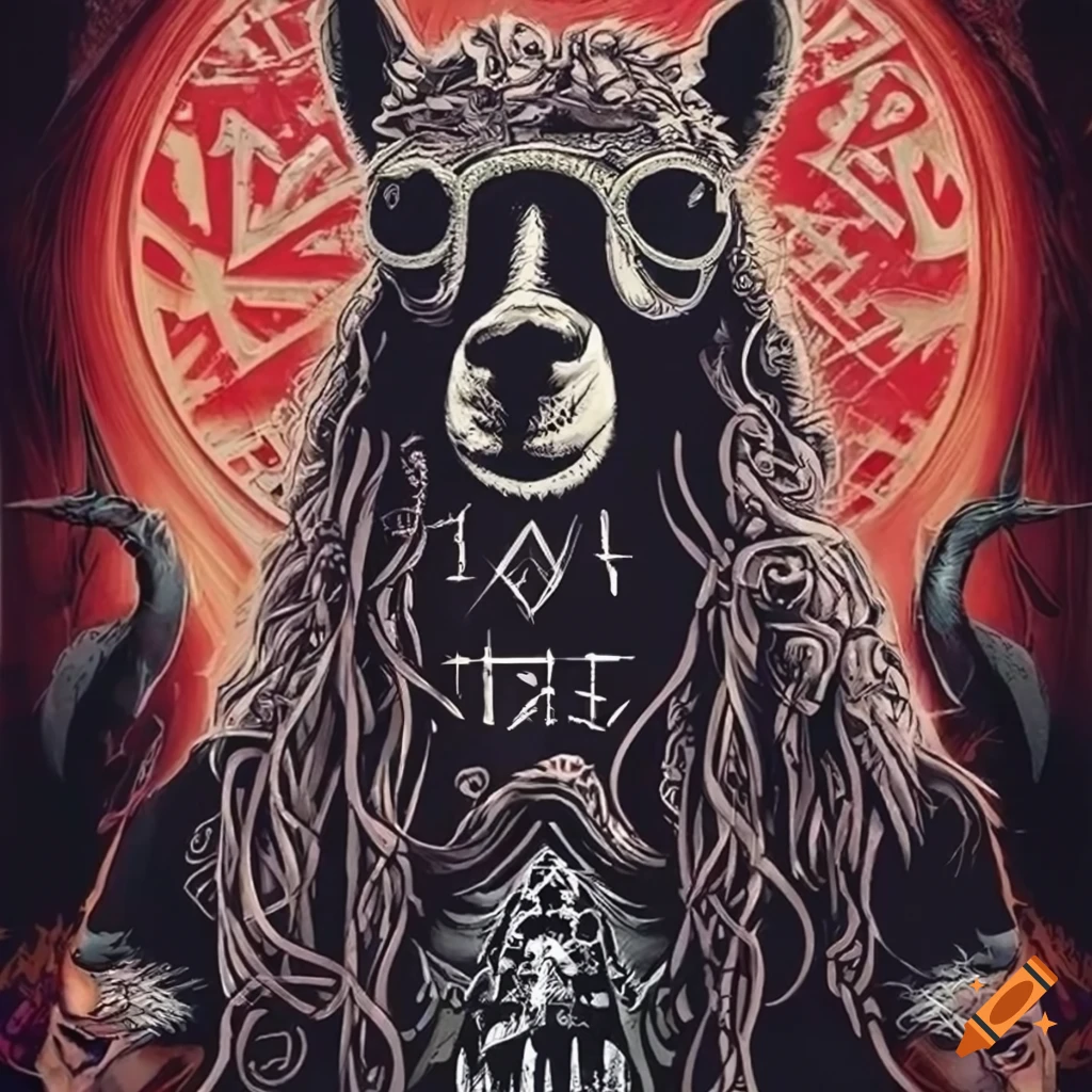 Llama God t-shirt with Norse rune and band logo design on Craiyon