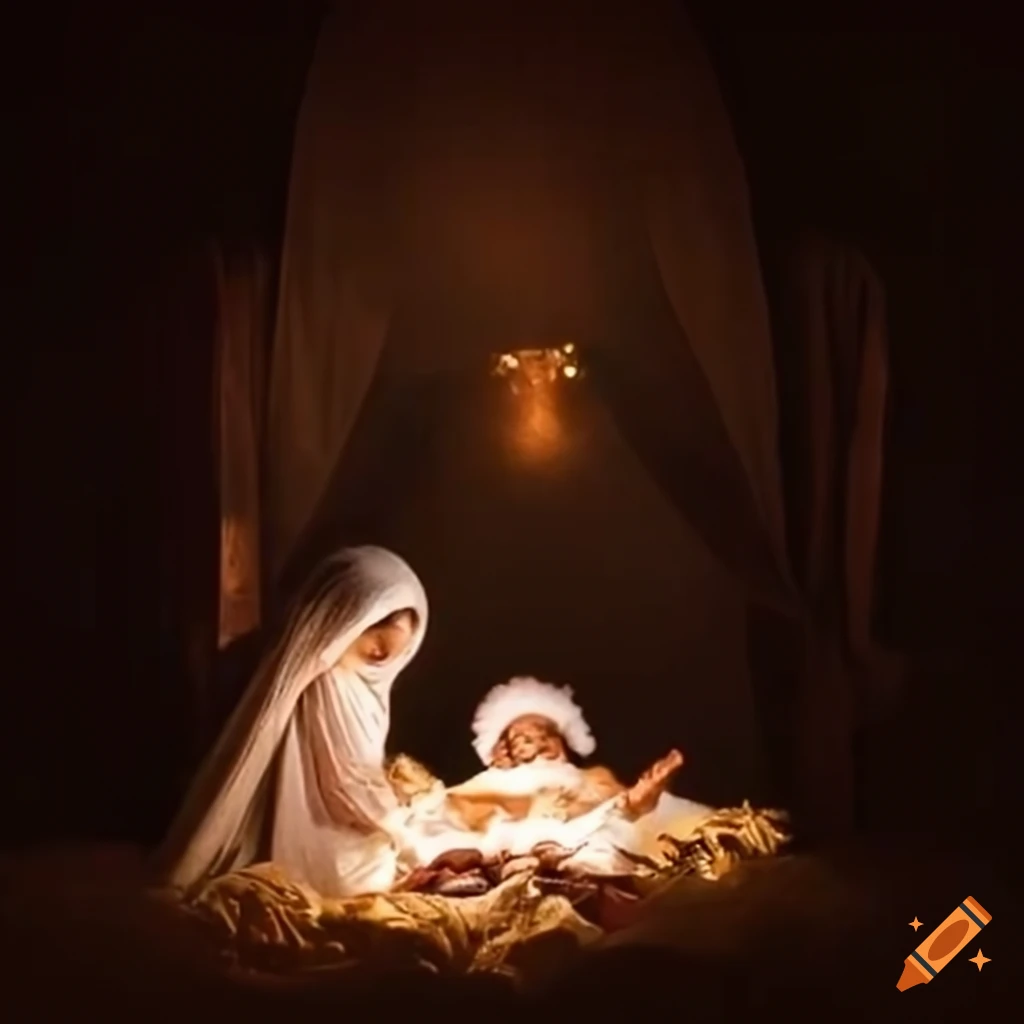 Nativity scene with baby jesus wearing santa hats