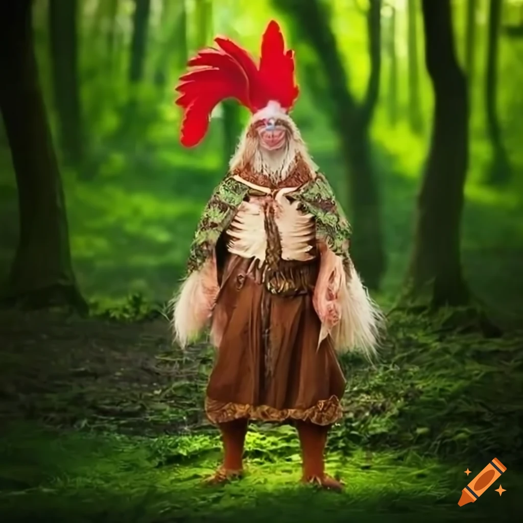 Celtic warrior chicken in a green forest