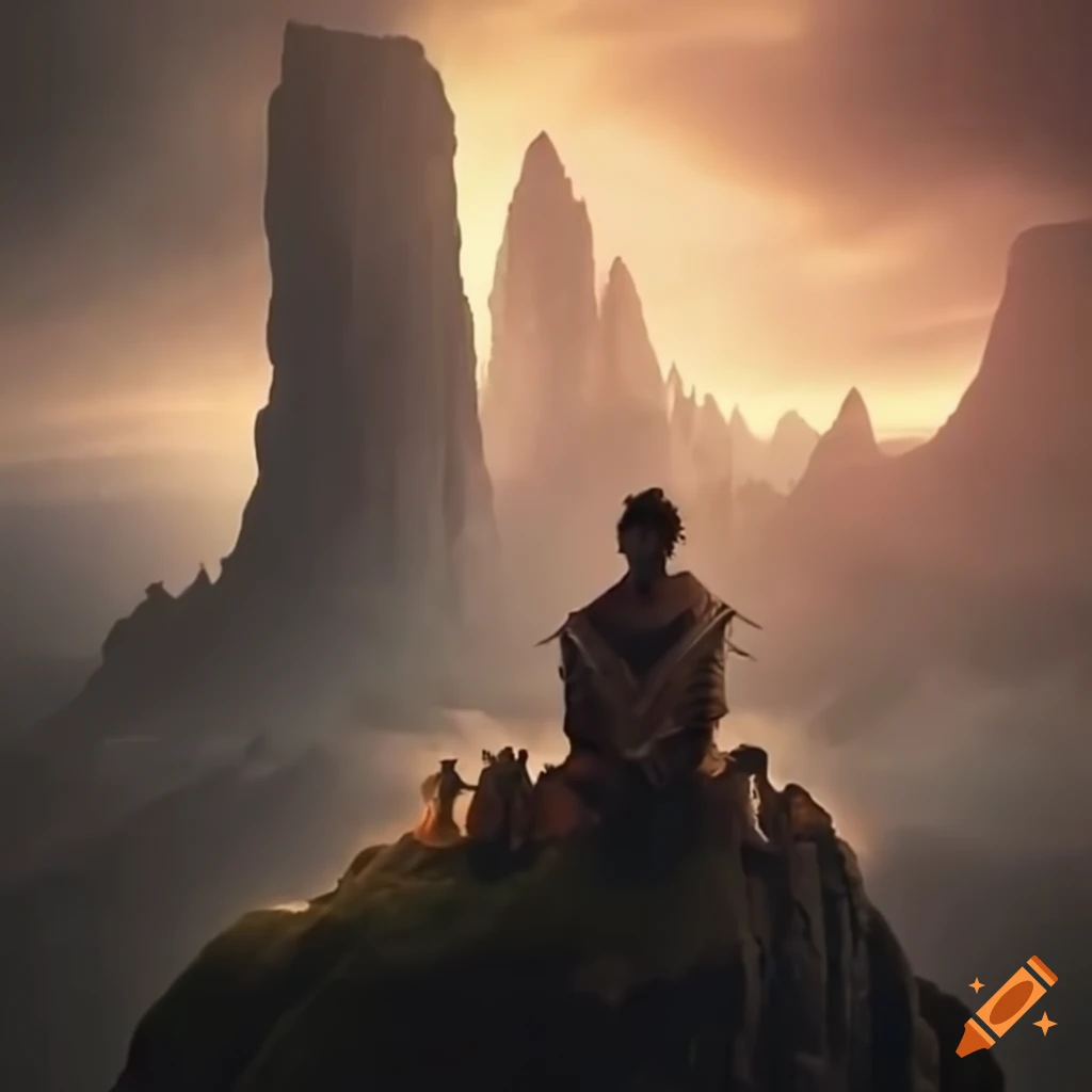 Cinematic shot of giant and elf overlooking their kingdom on Craiyon