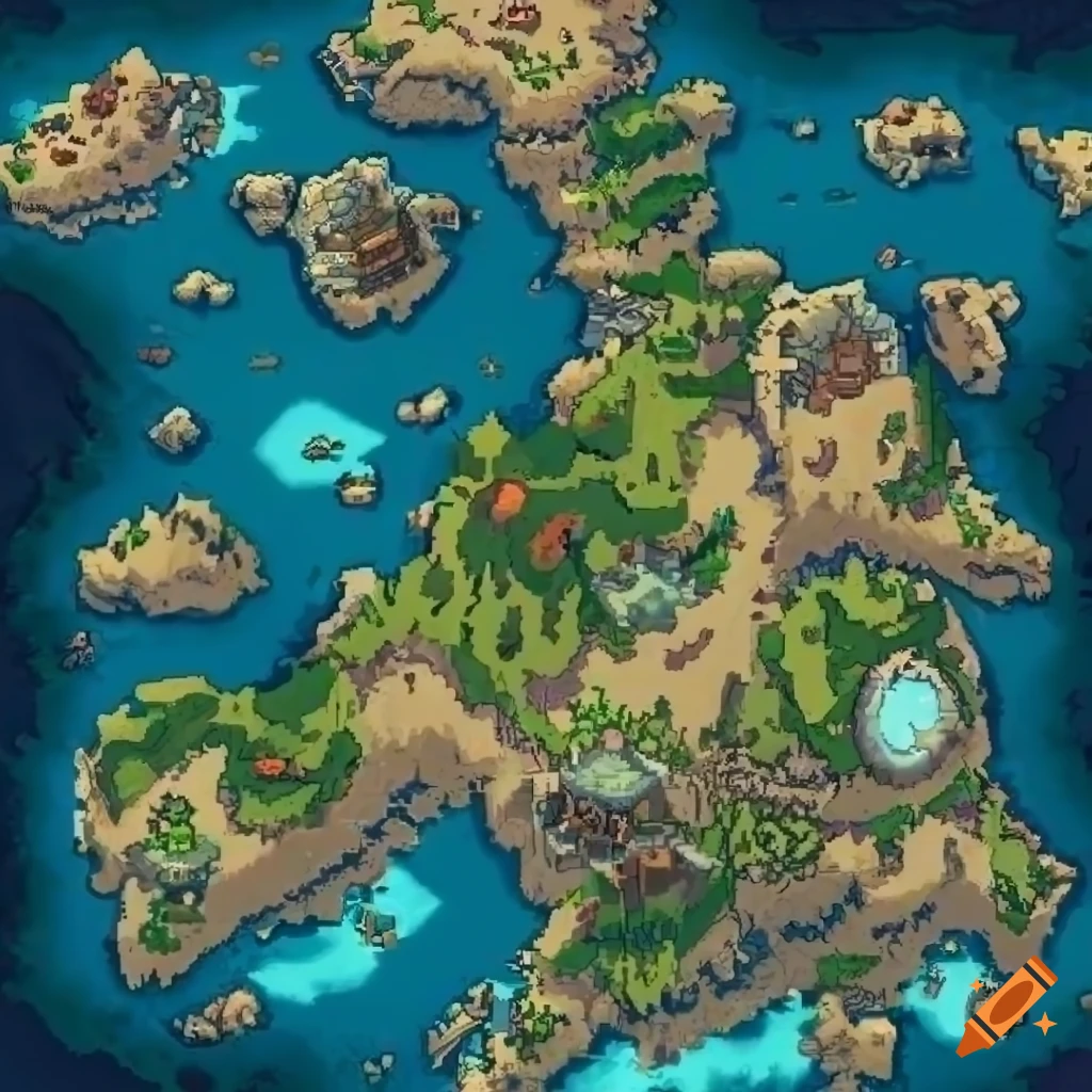 Top-down pixel art fantasy world map