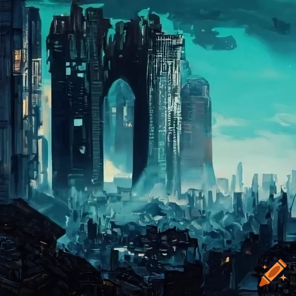 Illustration of a futuristic city destroyed by alien invasion