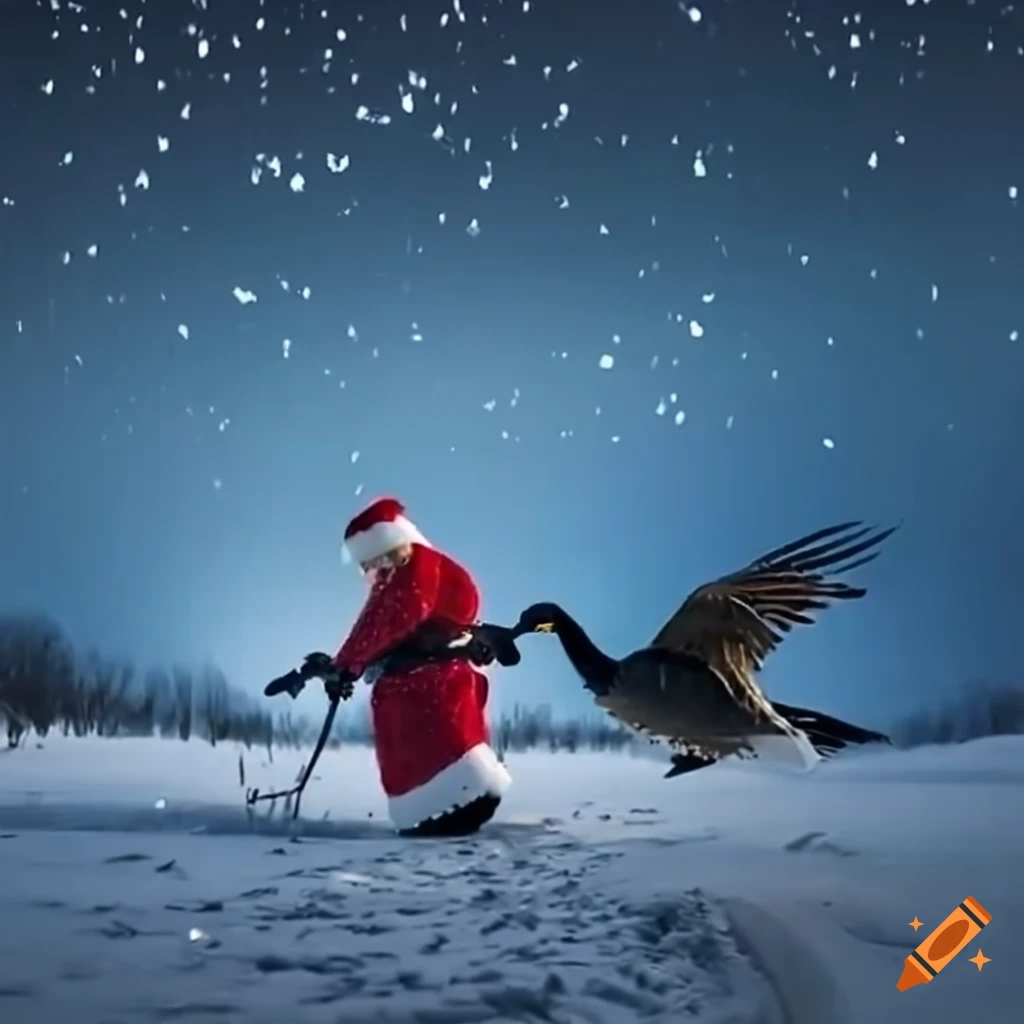 Canada geese pulling Santa's sleigh over snowy landscape on Craiyon