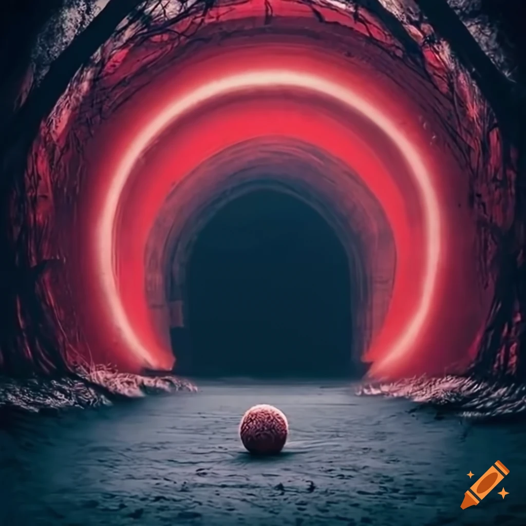 Creepy horror movie poster with baseball field and red portal