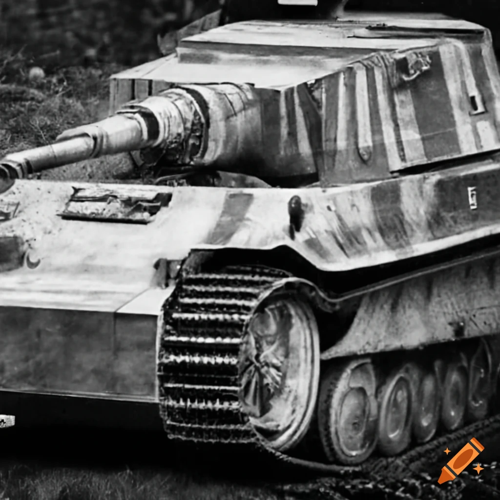 Black and white photo of a german tiger ii tank in ww2