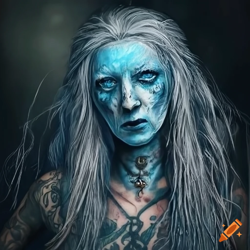 Image of a mysterious blue-skinned witch with ancient tattoos on Craiyon