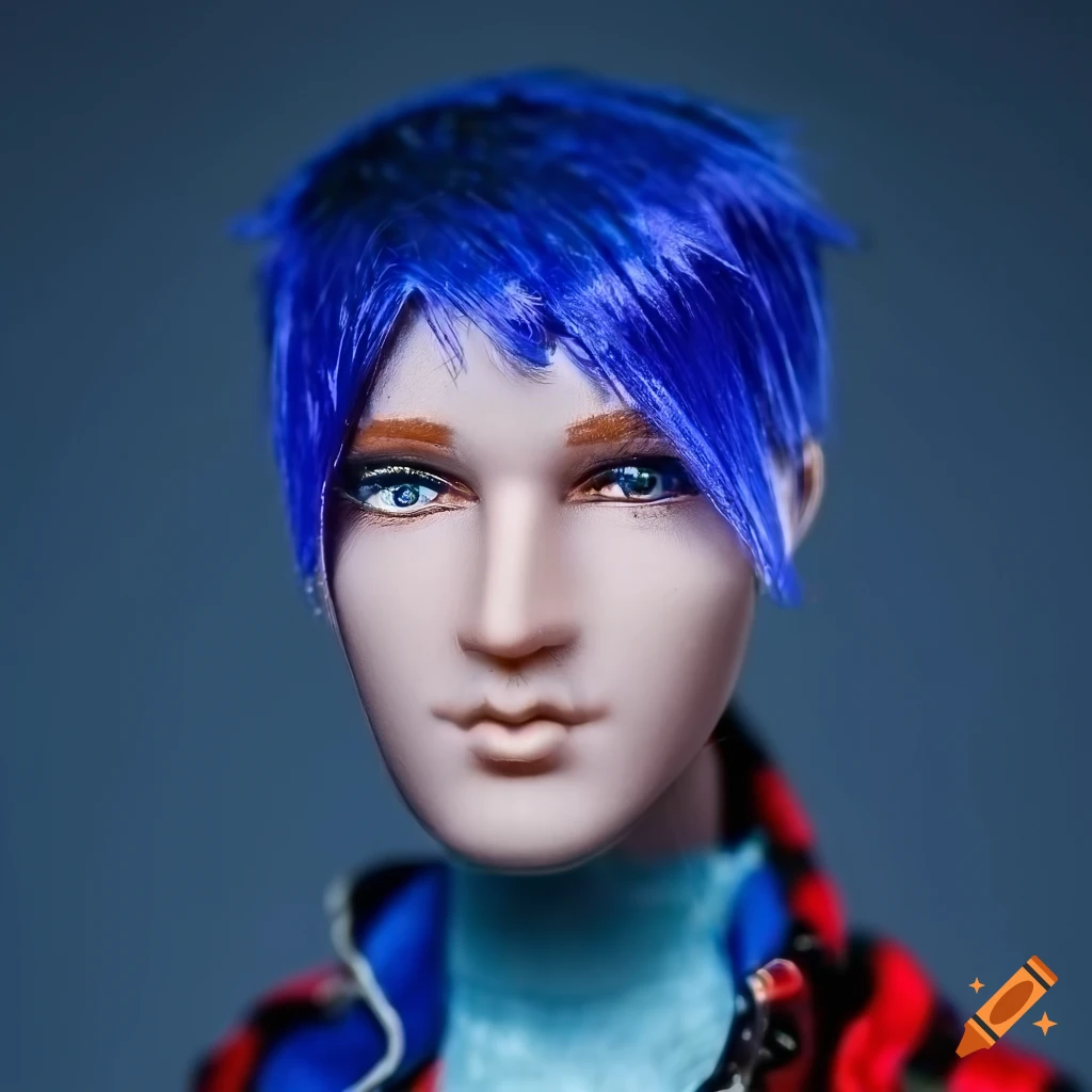 Closeup of a detailed fashion doll in blue and red