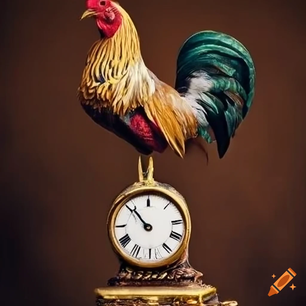 Funny artwork of a rooster on an old clock on Craiyon