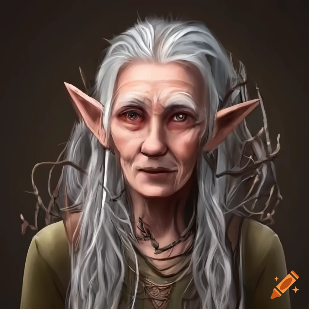 Portrait of an elderly high elf with gray hair and nature elements