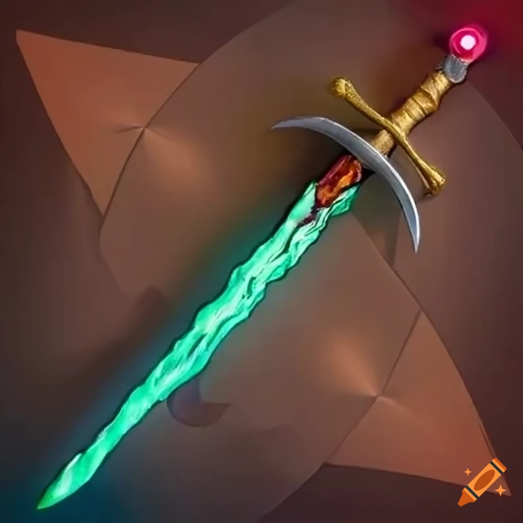 Illustration of a sword with green flames and a ruby gem pommel