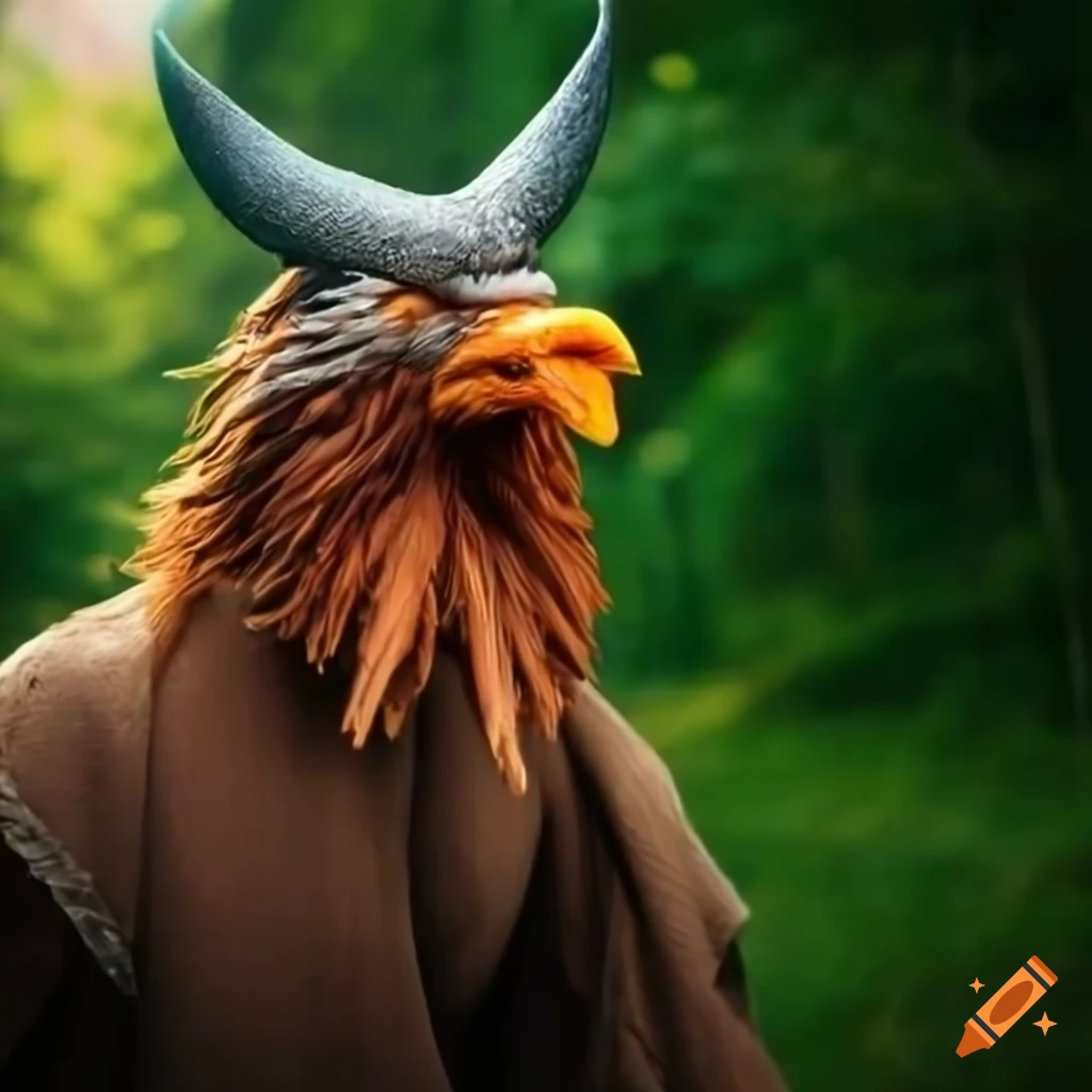 Chicken dressed as a viking in a forest