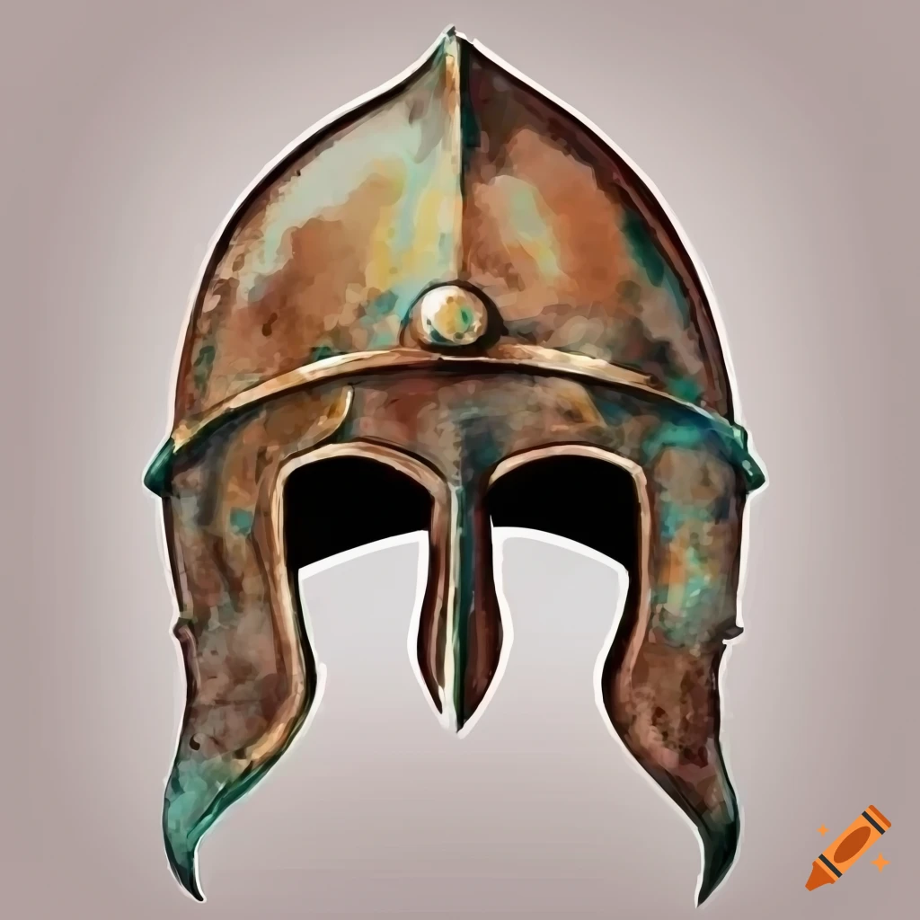 Watercolor of a dented bronze helmet