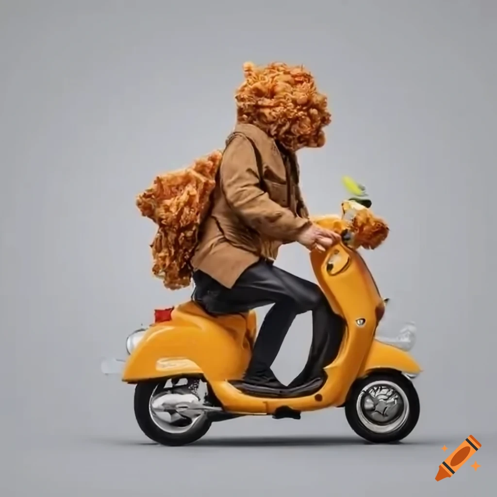 Photograph of an egg riding a moped delivering a chicken sandwich