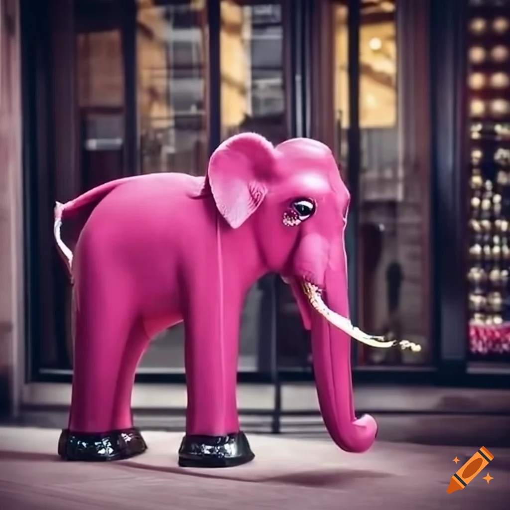 Elephant in a pink suit shopping at a boutique