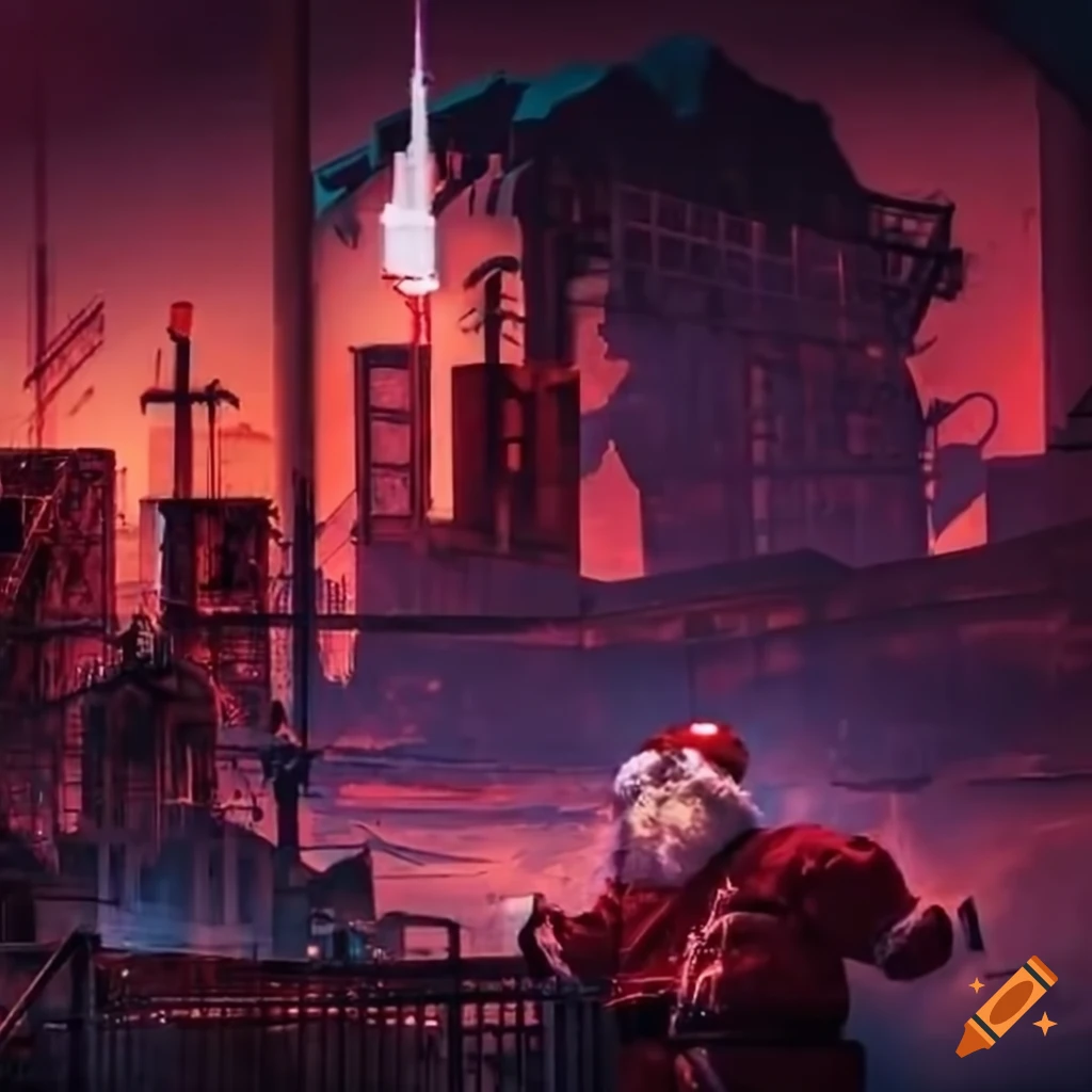 Neon city with santa claus in a chimney