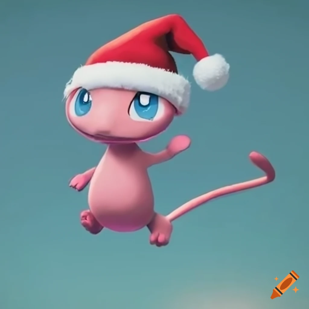 Cute holiday card with mew wearing santa claus hat