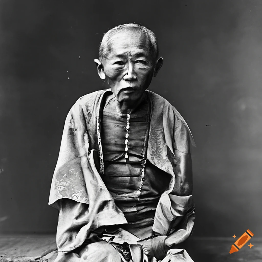 Black and white photo of a poor man in 19th century japan