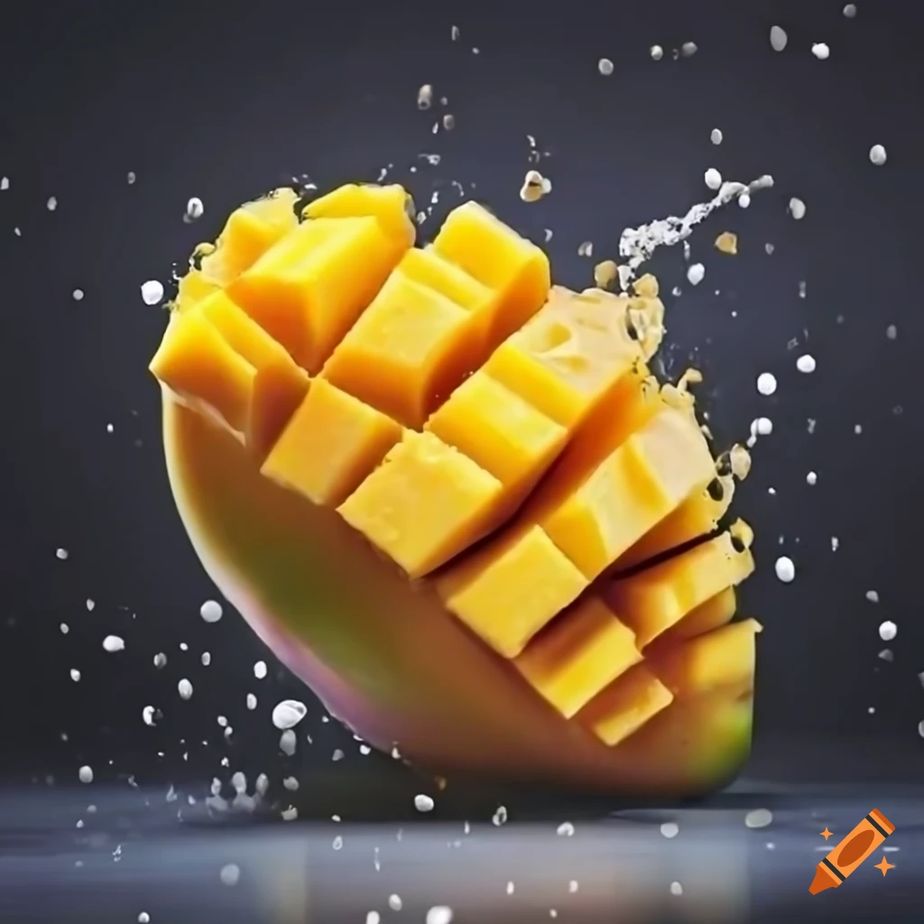 Fresh mango and mango slices with juice on Craiyon