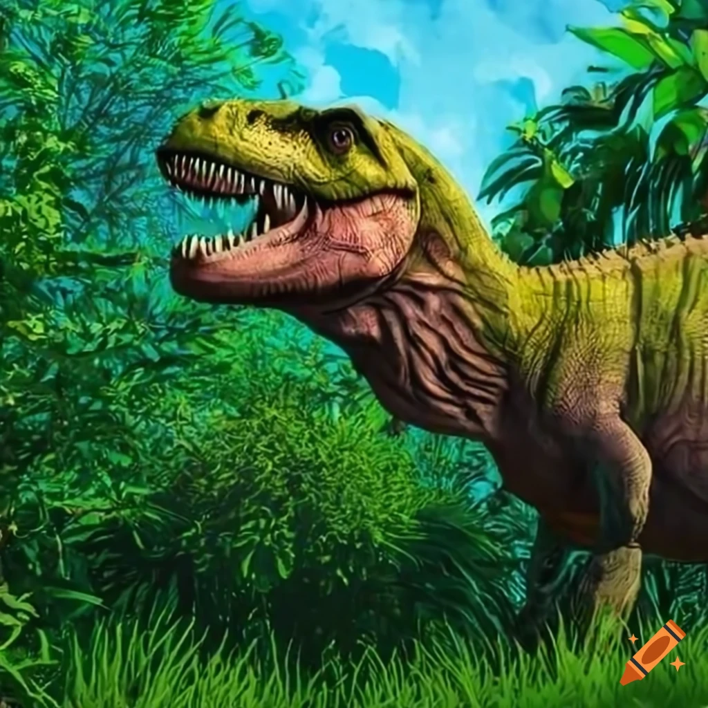 Image of a huge green dinosaur in tall vegetation