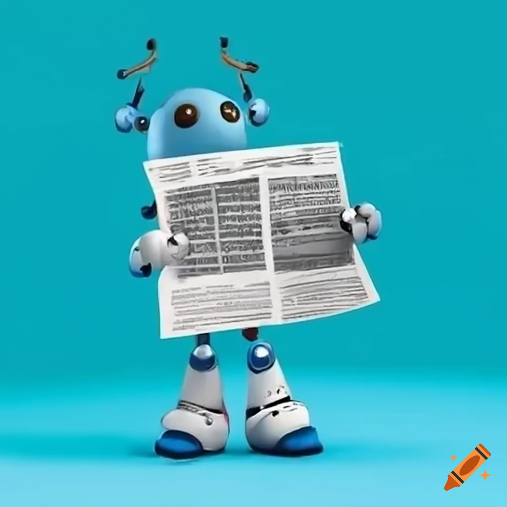 Adorable robot reading newspaper