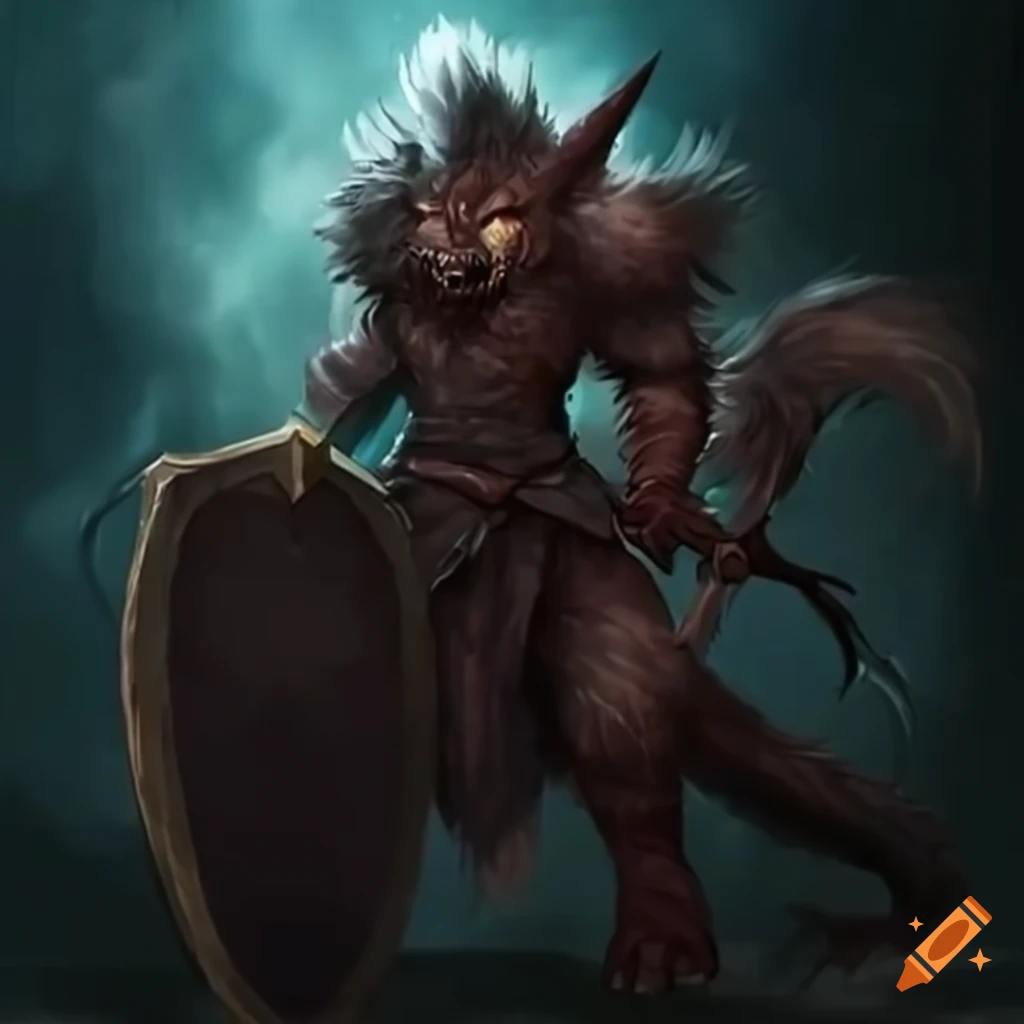 Illustration of a werewolf kobold in heavy armor with weapons
