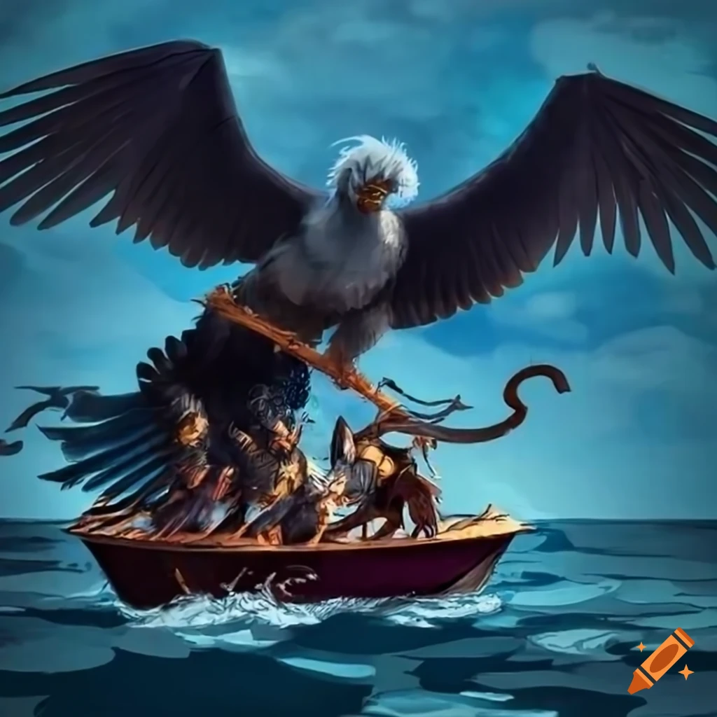 Illustration of warriors battling a harpy in a magical boat