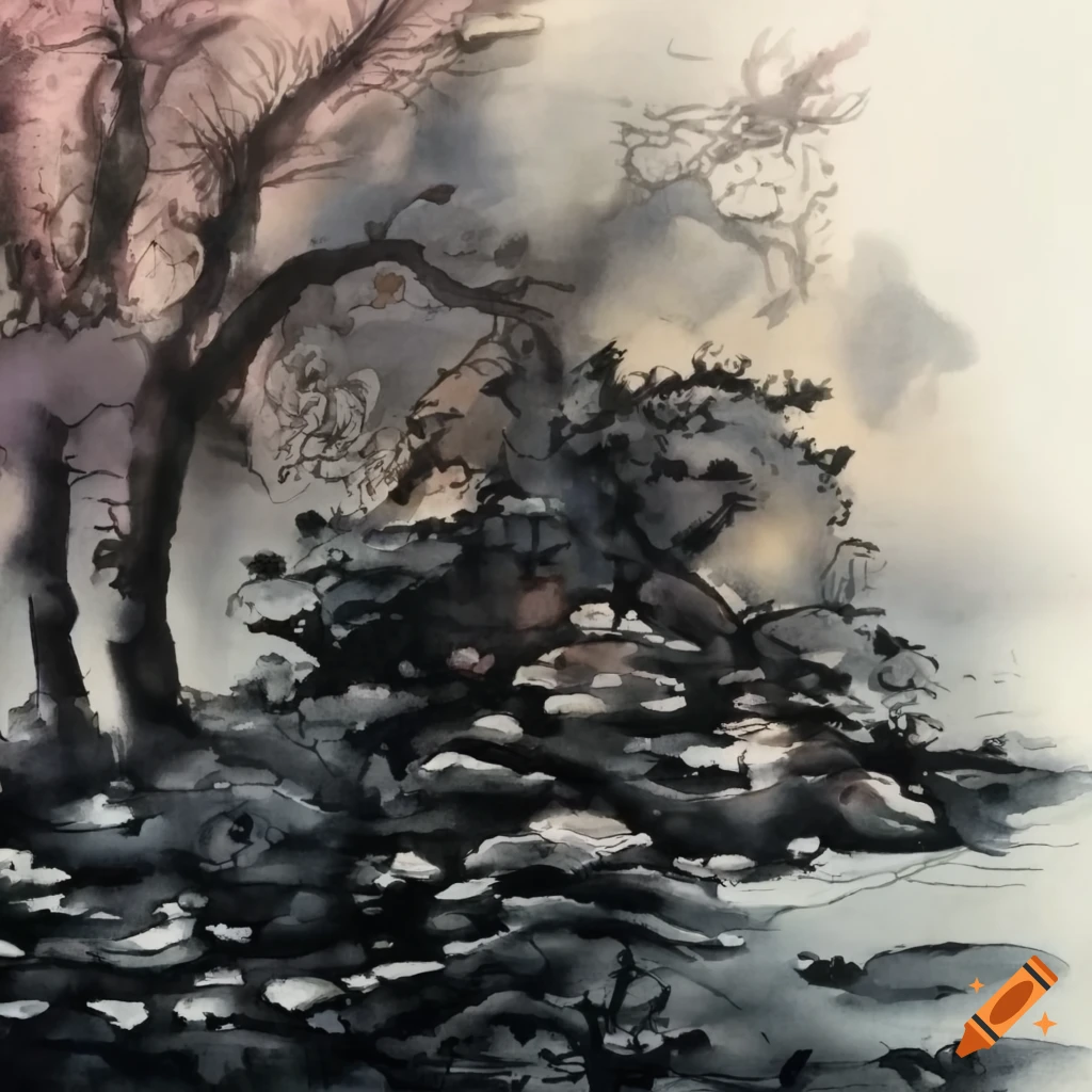 Chinese ink wash painting of a garden