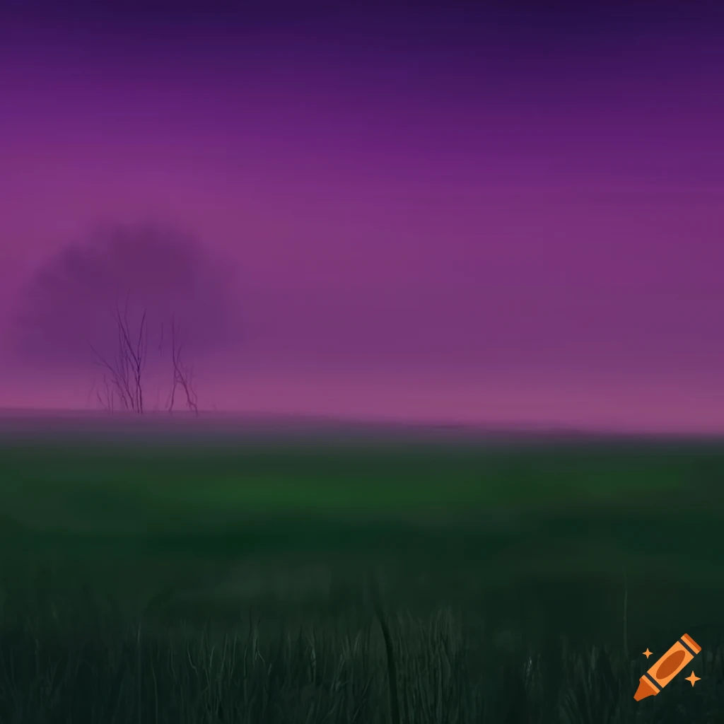 Surreal open grass field landscape with purple sky