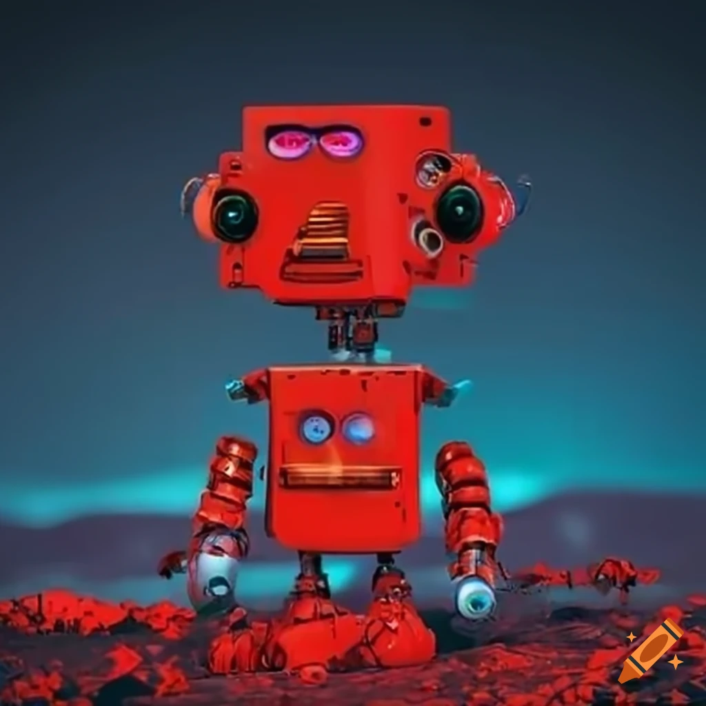 Red robots in a cyan landscape