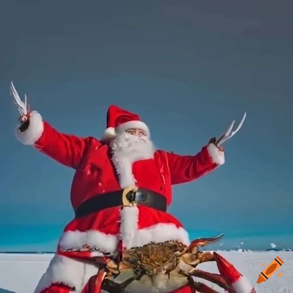 Hyperrealistic depiction of Santa riding a giant crab on Craiyon