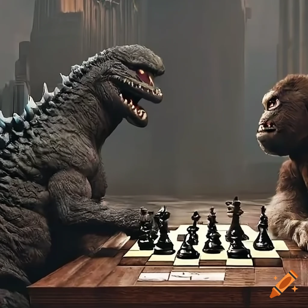 Epic movie scene: godzilla vs king kong playing chess