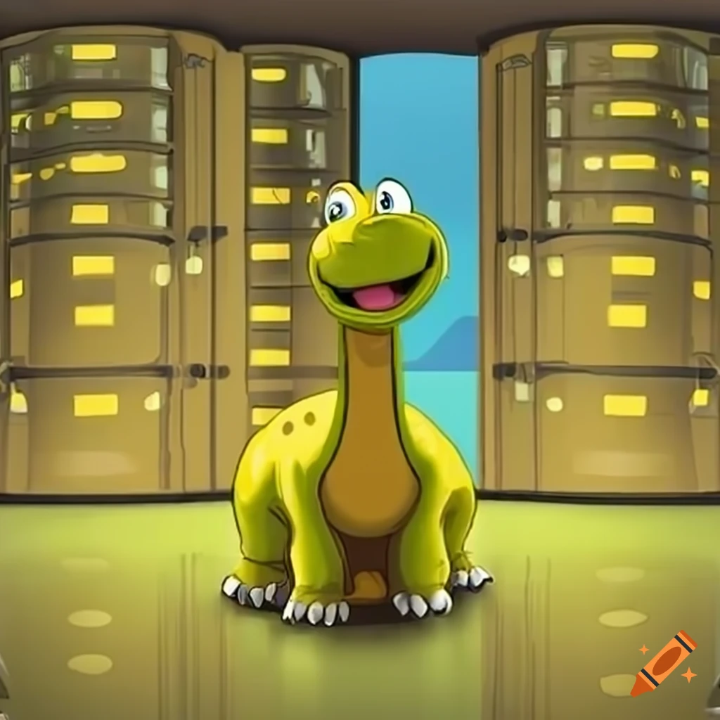 Cartoon brontosaurus in a server room