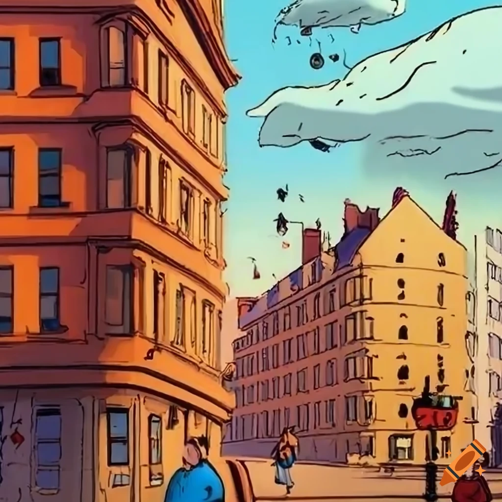 City scene reminiscent of tintin