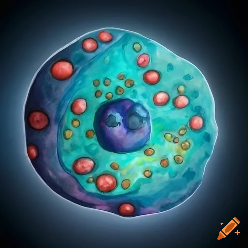 Watercolor drawing of a realistic cell with organelles
