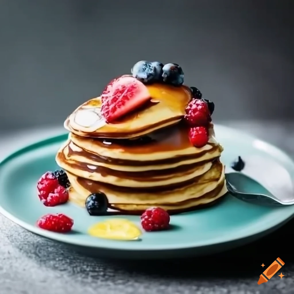 Chocolate sauce pancakes with berries and elegant plating on Craiyon